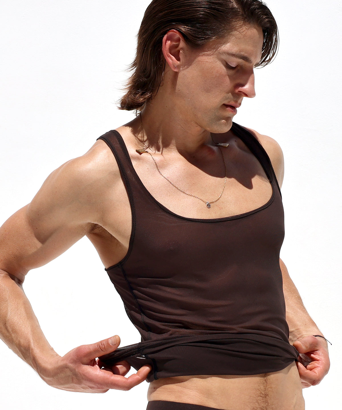 RUFSKIN® JORDI BROWN Transparent Stretch Tulle Tank Top