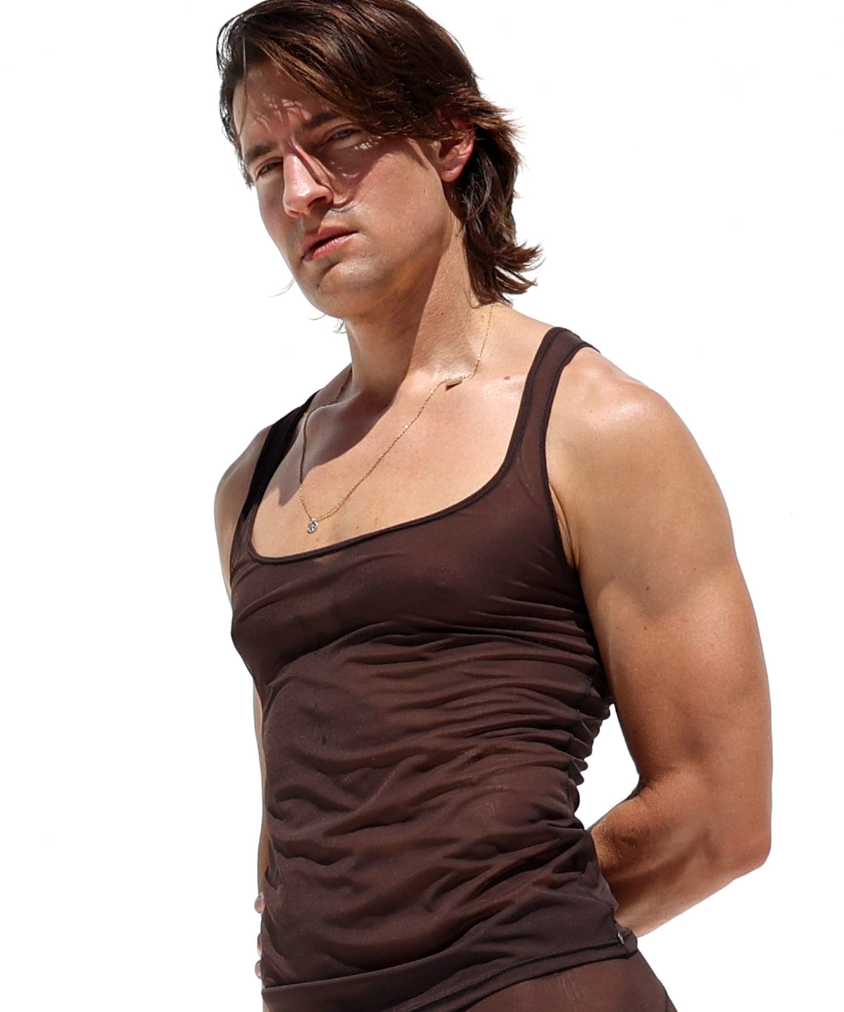 RUFSKIN® JORDI BROWN Transparent Stretch Tulle Tank Top