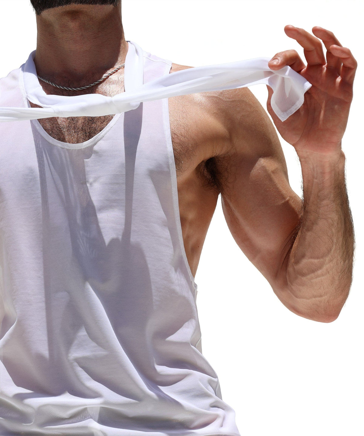 RUFSKIN® MARIUS WHITE Sheer Stretch Tulle Signature Sash-Neck Tank Top